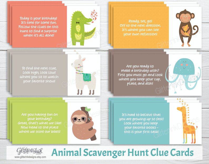 Animal Jungle Safari Scavenger Hunt Clue Cards / Birthday Treasure Hunt ...