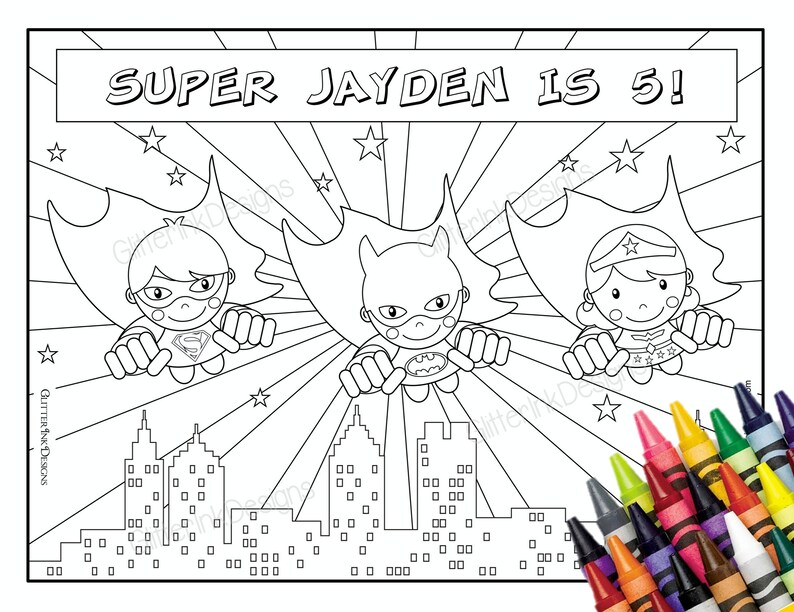 Super Hero Party Personalized Coloring Pages / Flying Super - Etsy