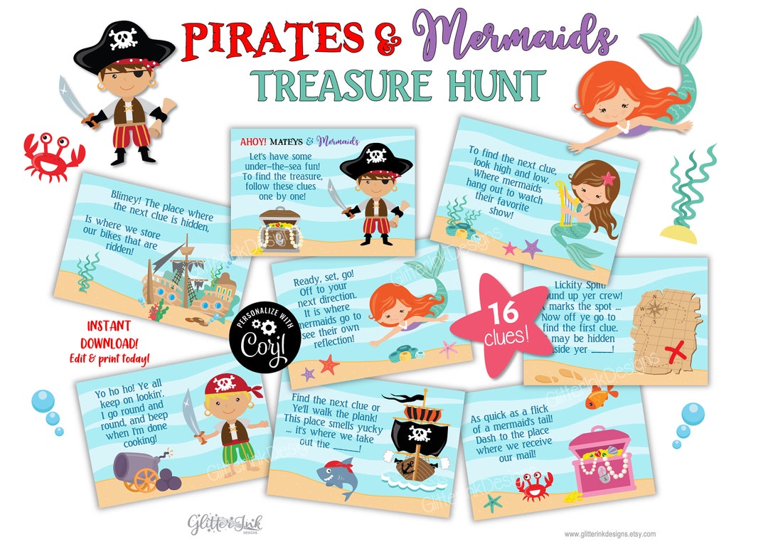 Mermaid and Pirate Treasure Hunt / Mermaid Party Scavenger Hunt Clue ...
