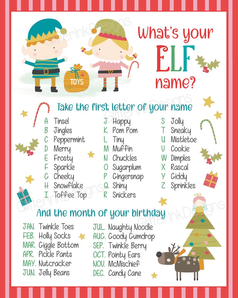 What's Your Elf Name Game Printable Sign Tags and Cards, Fun Christmas ...