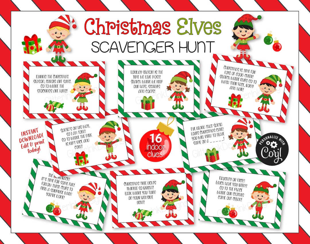 Christmas Elves Printable Treasure Hunt Clues for Kids, Holiday Elf ...