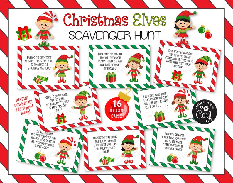 Christmas Elves Printable Treasure Hunt Clues for Kids, Holiday Elf ...