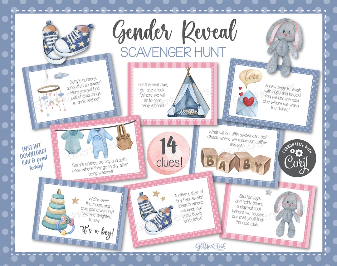 Gender Reveal Scavenger Hunt Clue Cards for Baby Shower Party Games ...