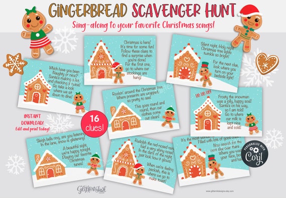 Gingerbread house Christmas scavenger hunt cards / Printable Christmas ...