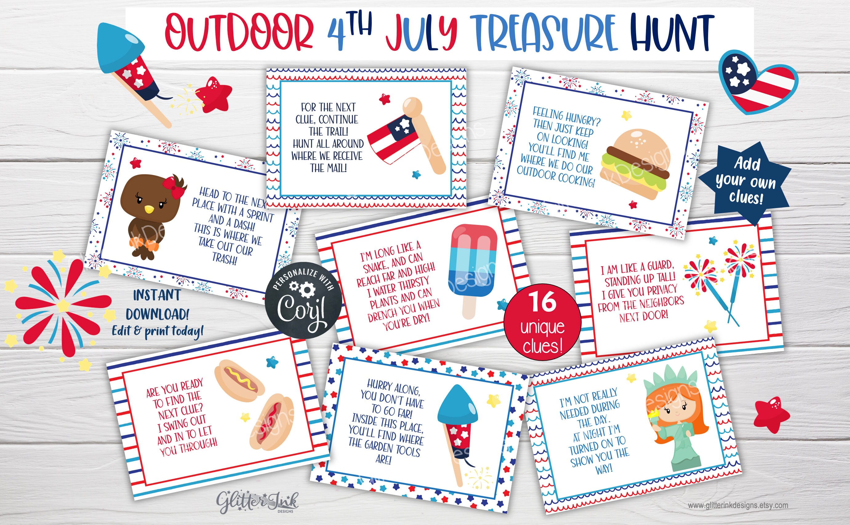 4th of July Scavenger Hunt Clue Cards / Outdoor Fourth of July Kids ...