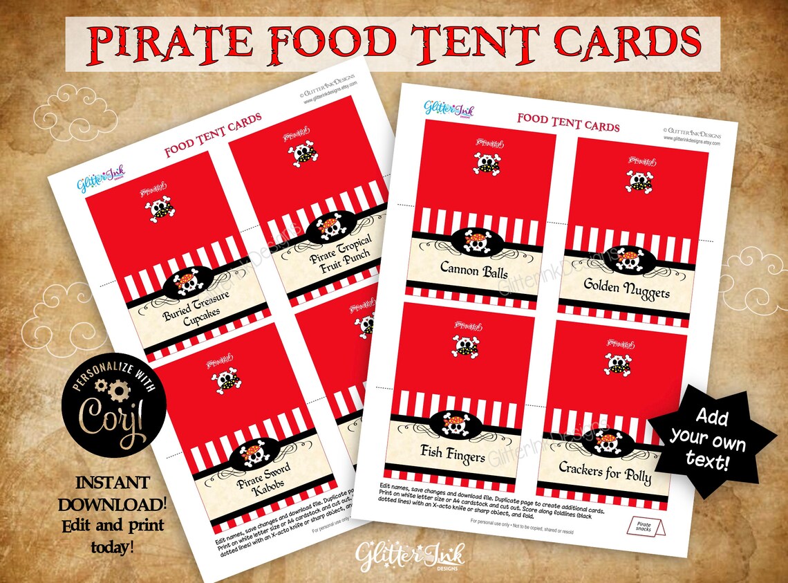 Pirate Party Printable Food Tent Cards and Labels, Editable Birthday ...
