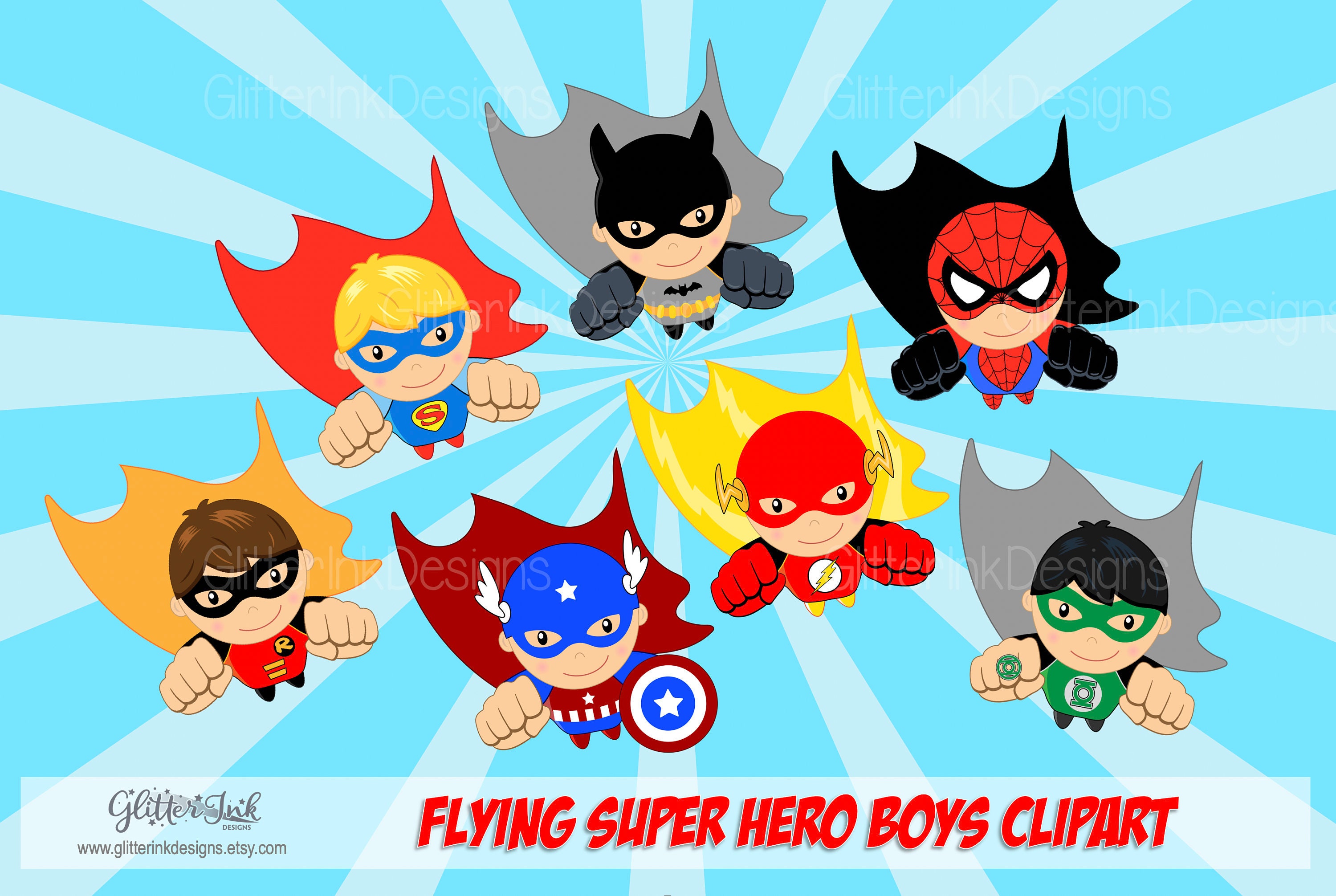 Superhero Clipart Files and Digital Papers Instant Download, Flying ...