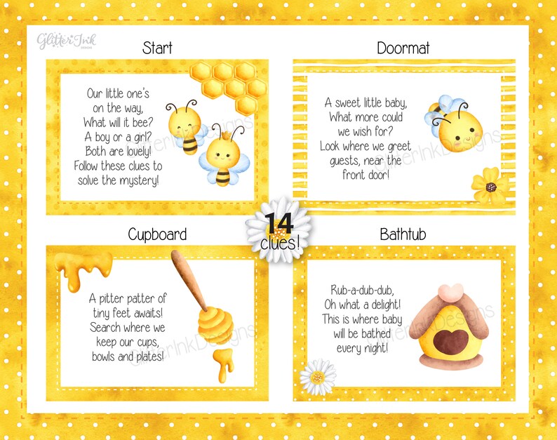 What Will Baby Bee? Gender Reveal Scavenger Hunt Clue Cards for Baby ...