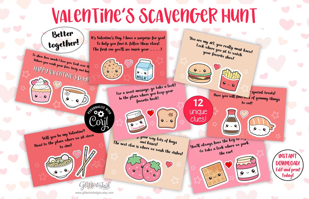 Valentines Day Scavenger Hunt Clue Cards / Valentine's Day Treasure ...