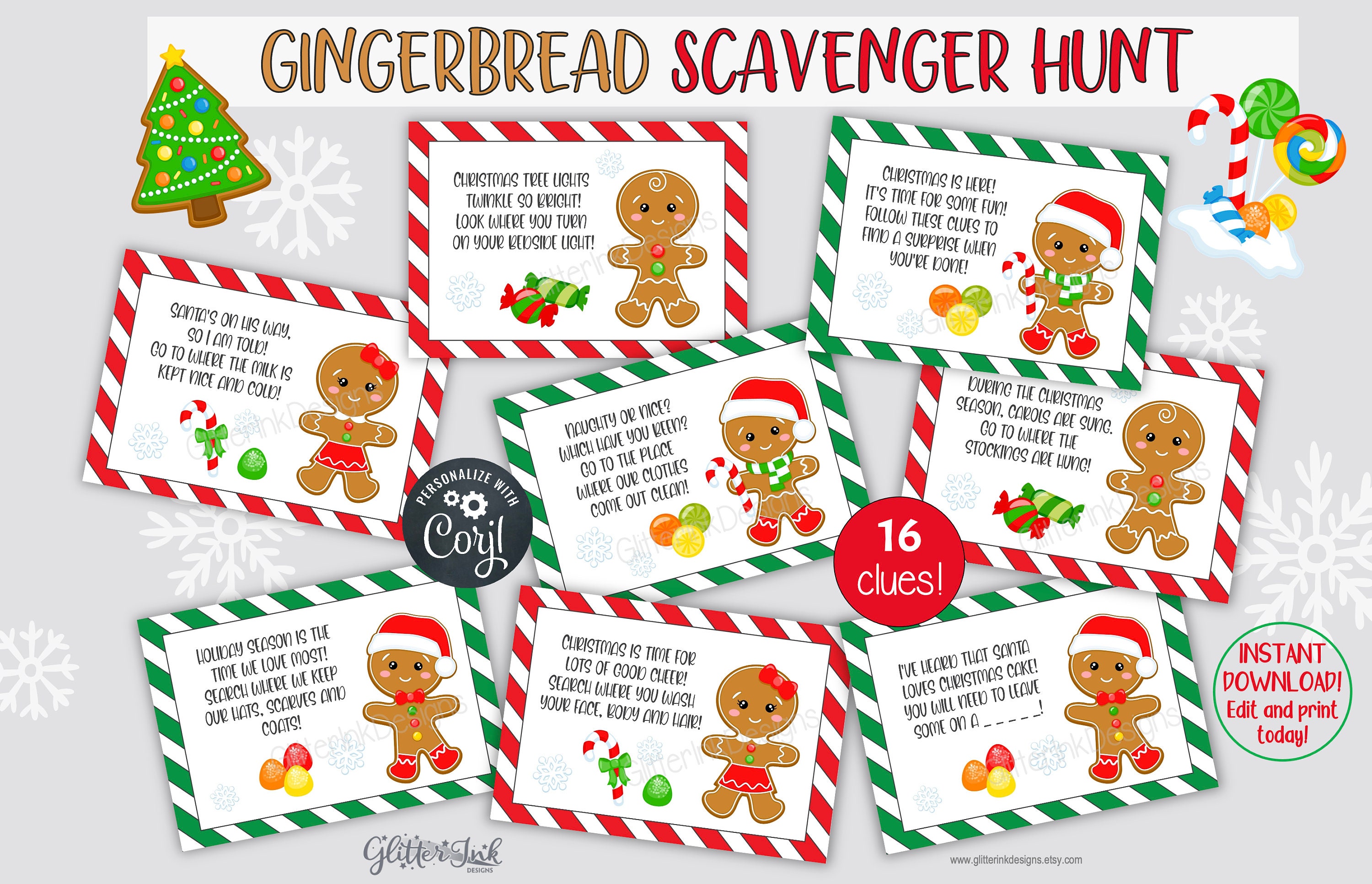 Gingerbread Scavenger Hunt Clue Cards, Christmas Printable Treasure ...
