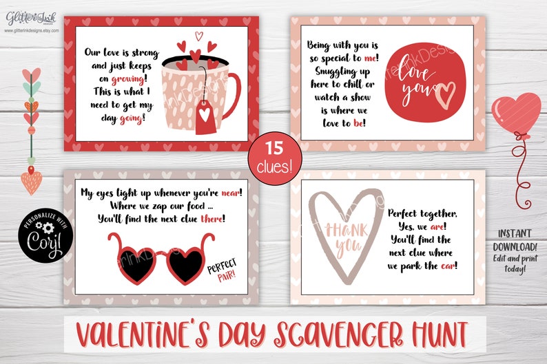 Valentine's Day Scavenger Hunt Clue Cards / Valentines Day Treasure ...