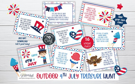 4th of July scavenger hunt clue cards / Outdoor Fourth of July kids ...