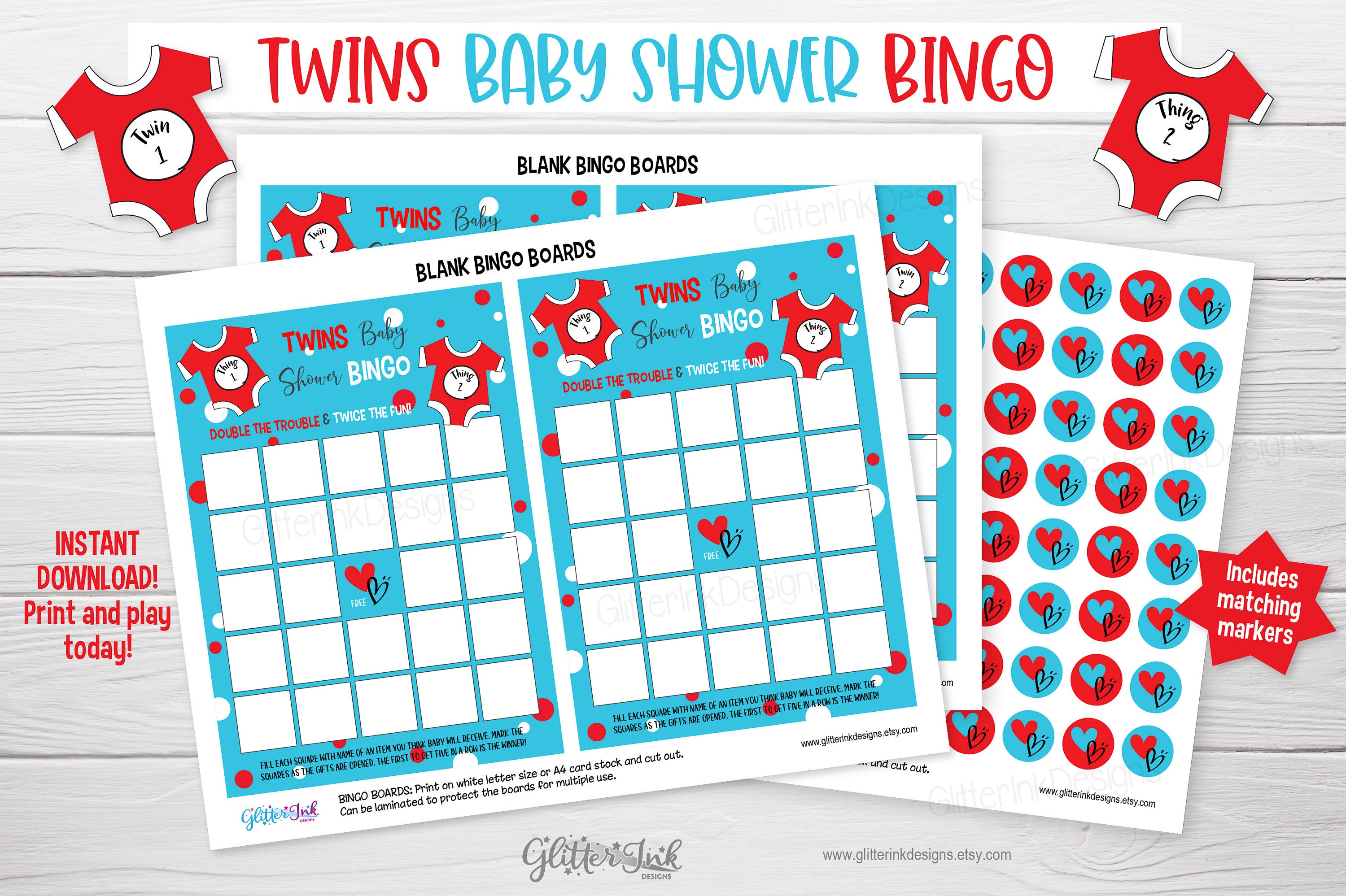 Twins Baby Shower Bingo Cards With Markers / Twin Girls Boys Printable ...