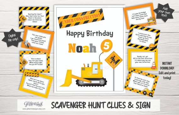 Construction party scavenger hunt clues and sign / treasure hunt clue ...