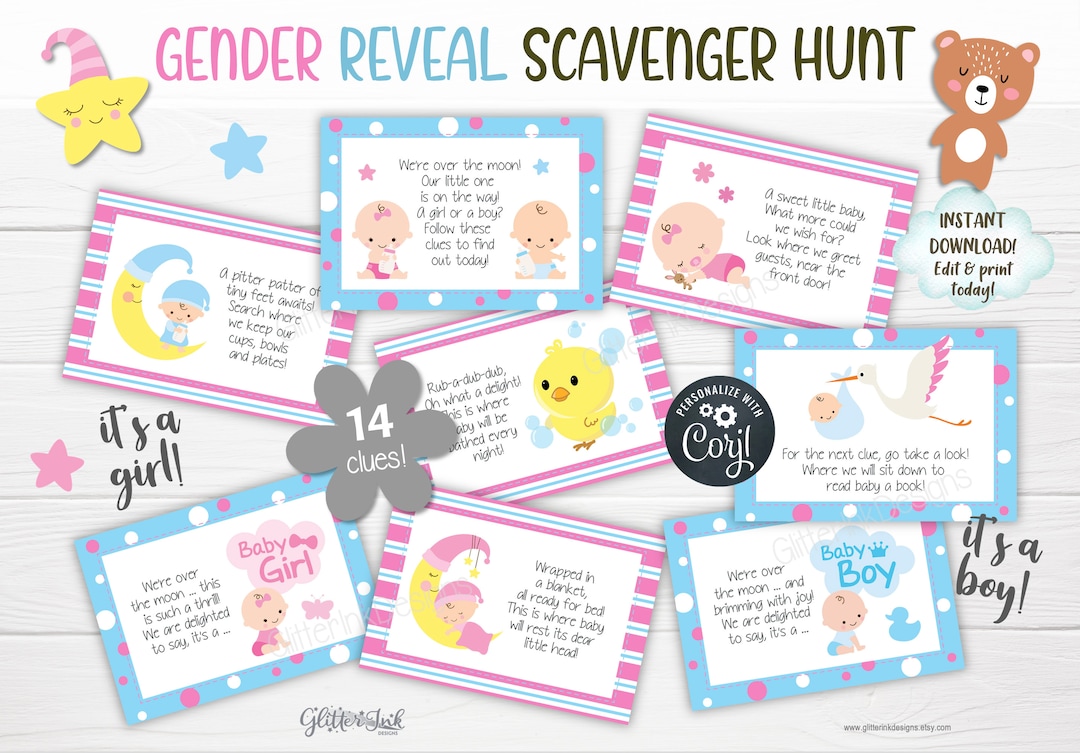 Gender Reveal Scavenger Hunt Clue Cards, Baby Shower Party Games ...