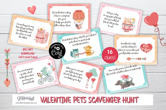Valentines day scavenger hunt clue cards / Valentine pets treasure hunt ...