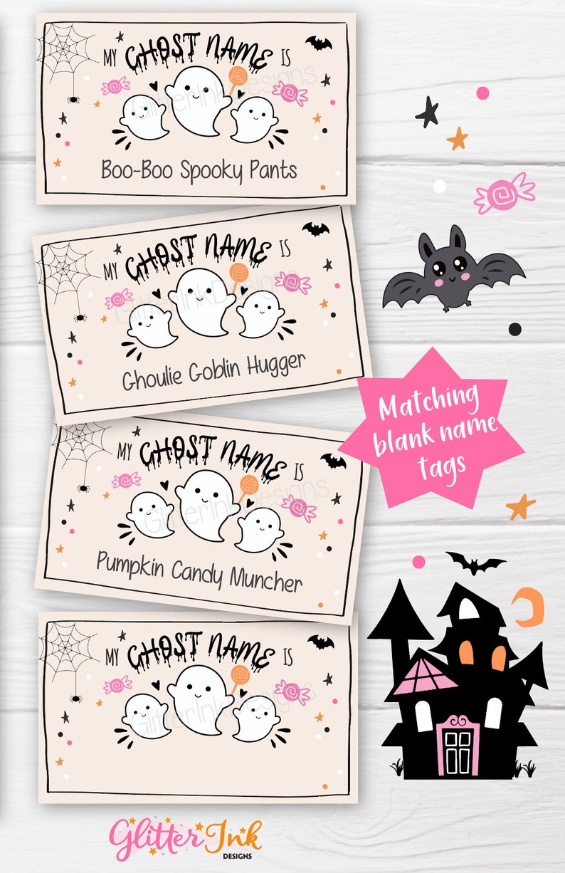 What's Your Ghost Name Game Printable Sign With Name Tags & Cards, Cute ...