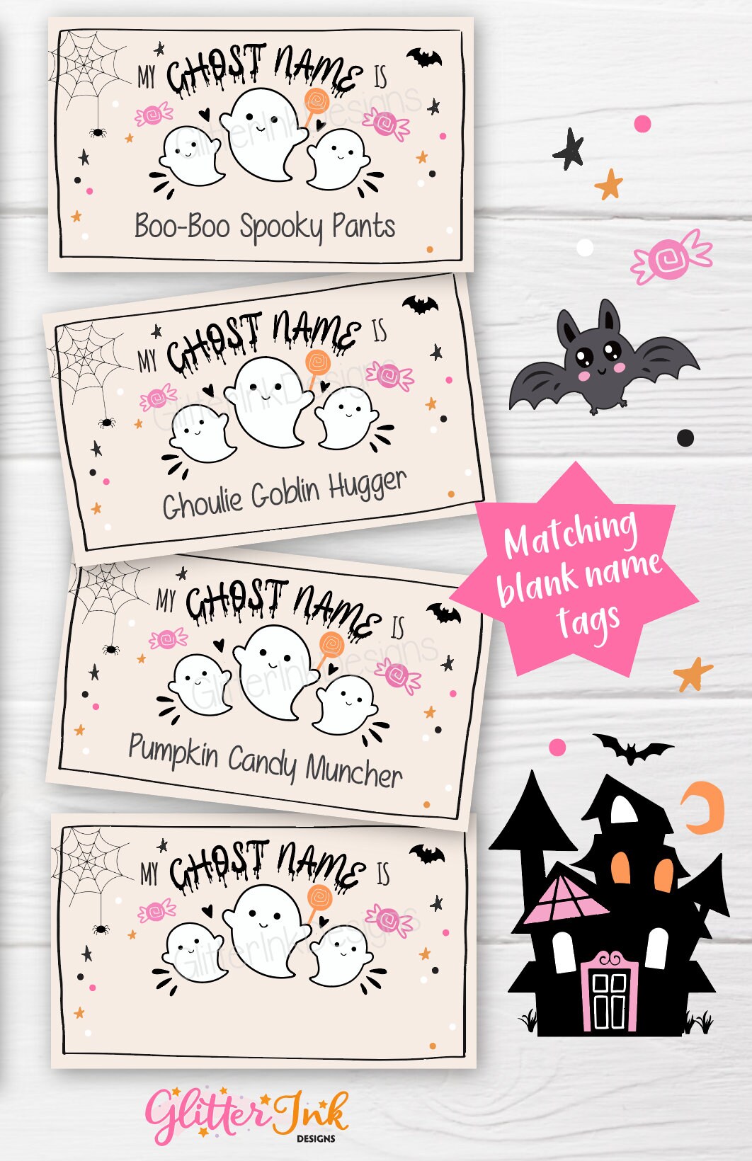 What's Your Ghost Name Game Printable Sign With Name Tags & Cards, Cute ...