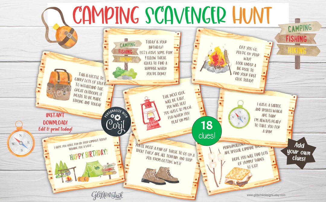 Camping Scavenger Hunt Printable Clue Cards, Campground Outdoor Kids ...