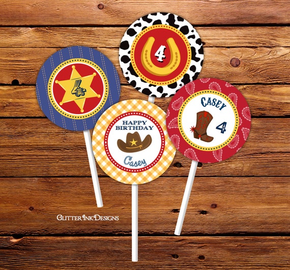 Wild west cowboy party cupcake toppers / Western hoedown favor bag tags ...