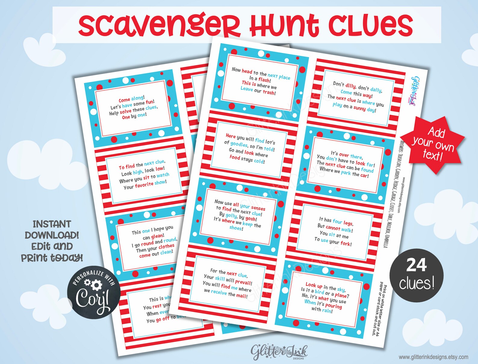 Birthday Party Treasure Hunt Clues, Printable Scavenger Hunt Clue Cards ...