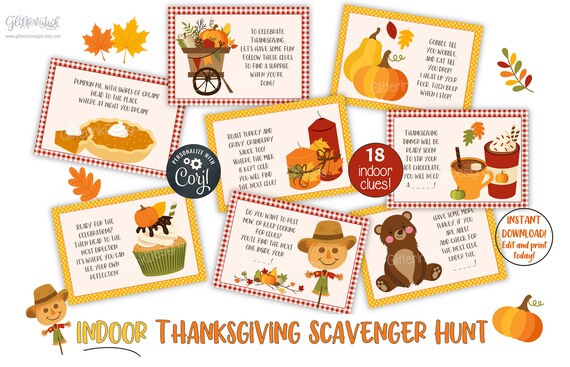 Indoor Thanksgiving scavenger hunt clue cards / Thanksgiving treasure ...