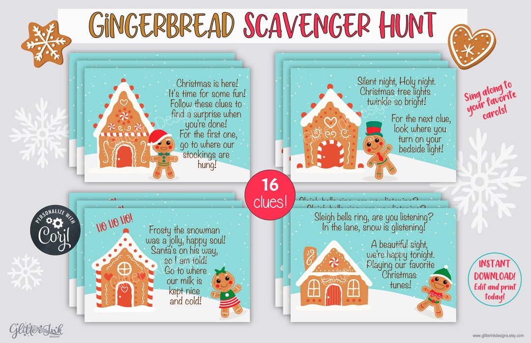 Gingerbread Christmas Scavenger Hunt Clue Cards, Printable Treasure ...