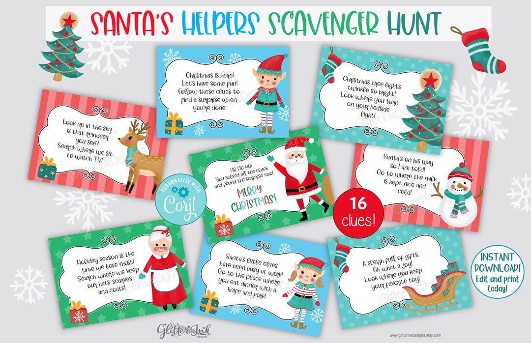 Christmas Scavenger Hunt Clue Cards / Christmas Treasure Hunt Clues ...
