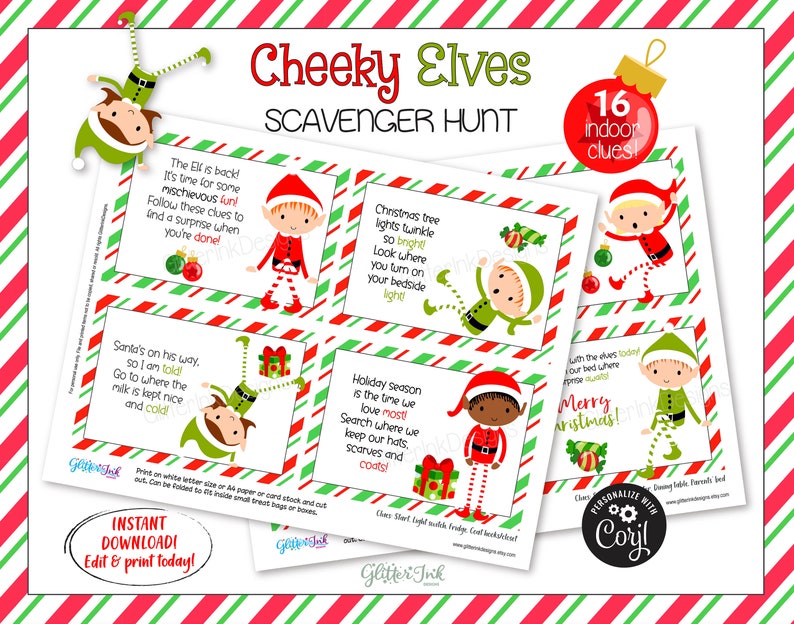 Christmas Elves Kids Treasure Hunt, Cheeky Elf Scavenger Hunt Clue ...