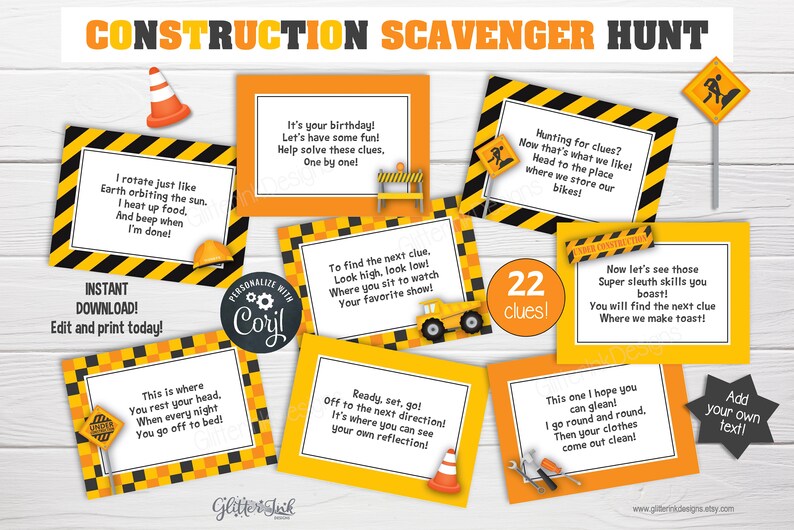Construction Party Scavenger Hunt Clue Cards + Birthday Sign ...