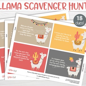 Llama Scavenger Hunt Clue Cards / Llama Party Treasure Hunt Clues for ...