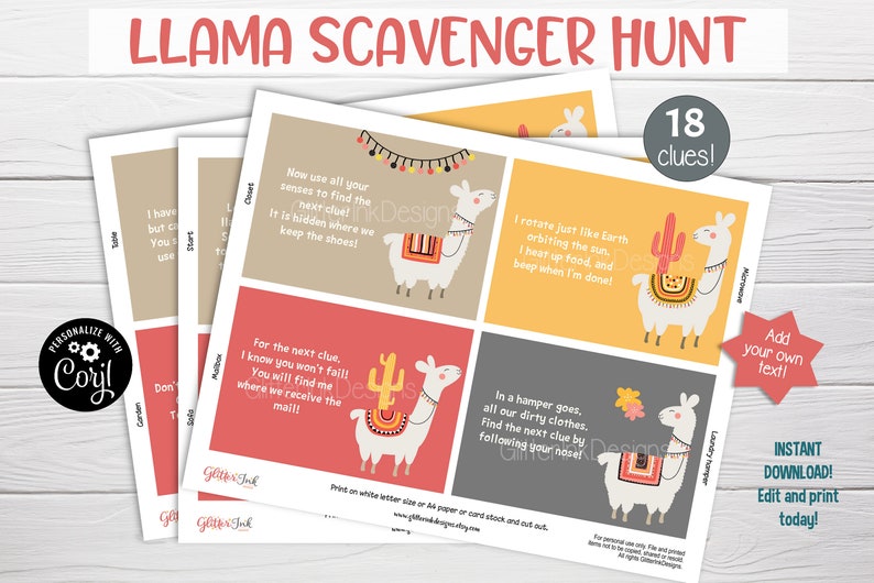 Llama Scavenger Hunt Clue Cards / Llama Party Treasure Hunt Clues for ...