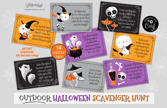 Outdoor Halloween scavenger hunt / Kids Halloween treasure hunt clues ...