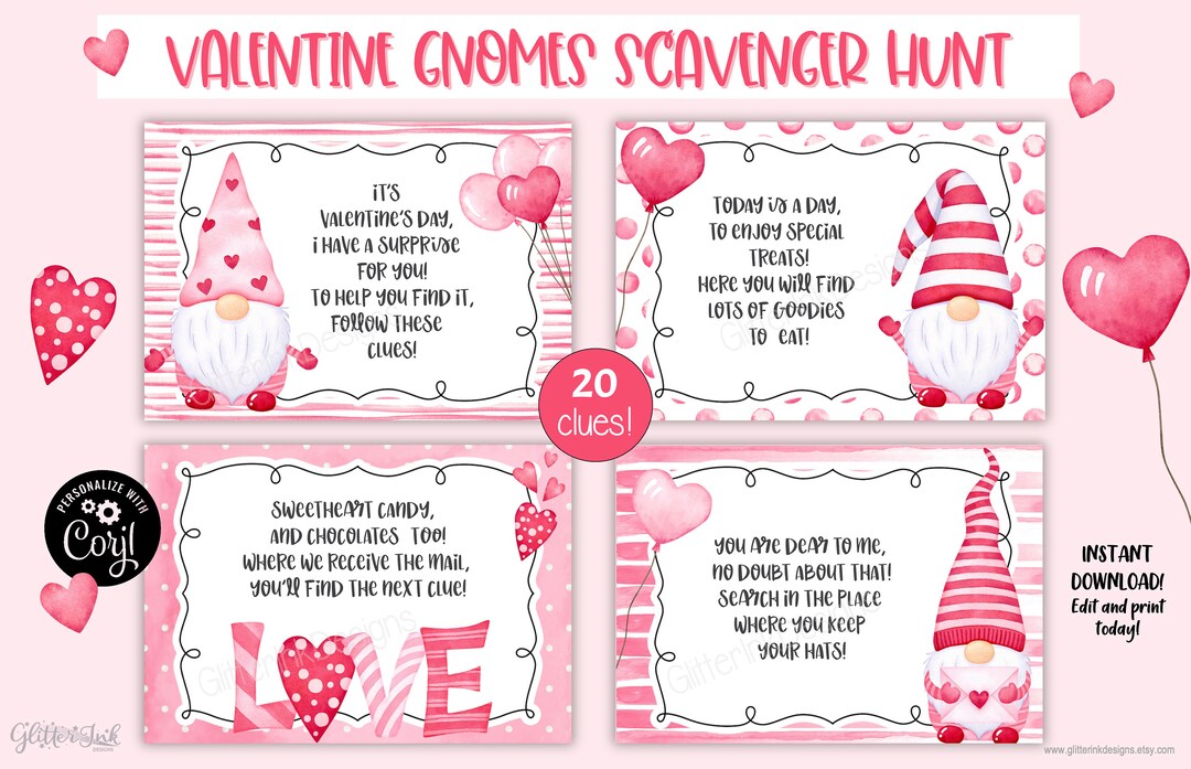 Valentine's Day Scavenger Hunt Clue Cards / Valentines Day Treasure ...