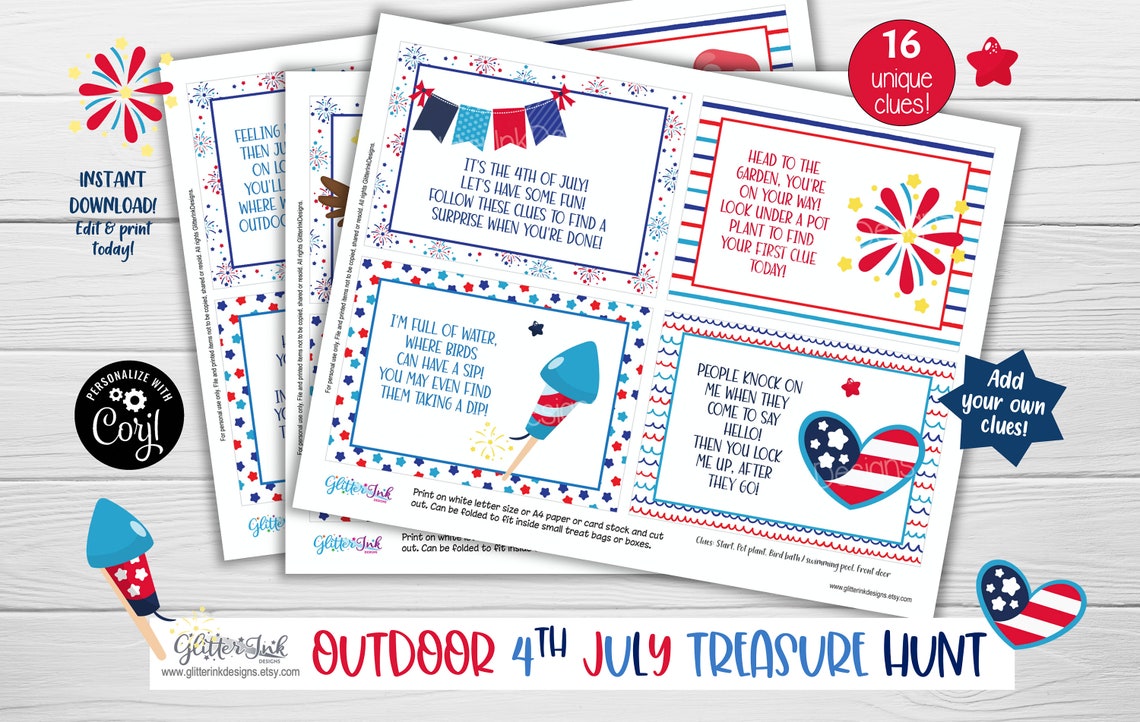 4th of July Scavenger Hunt Clue Cards / Outdoor Fourth of July - Etsy