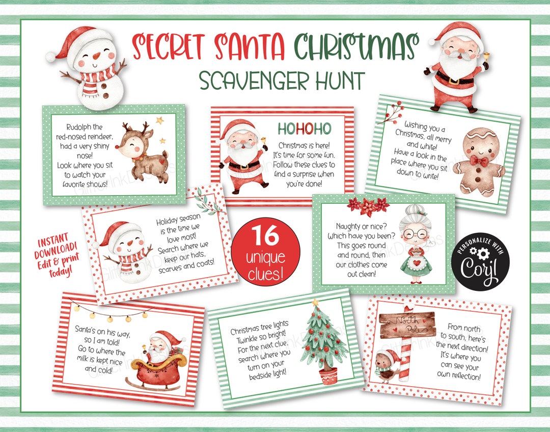 Christmas Scavenger Hunt Clue Cards / Christmas Kids Treasure Hunt ...