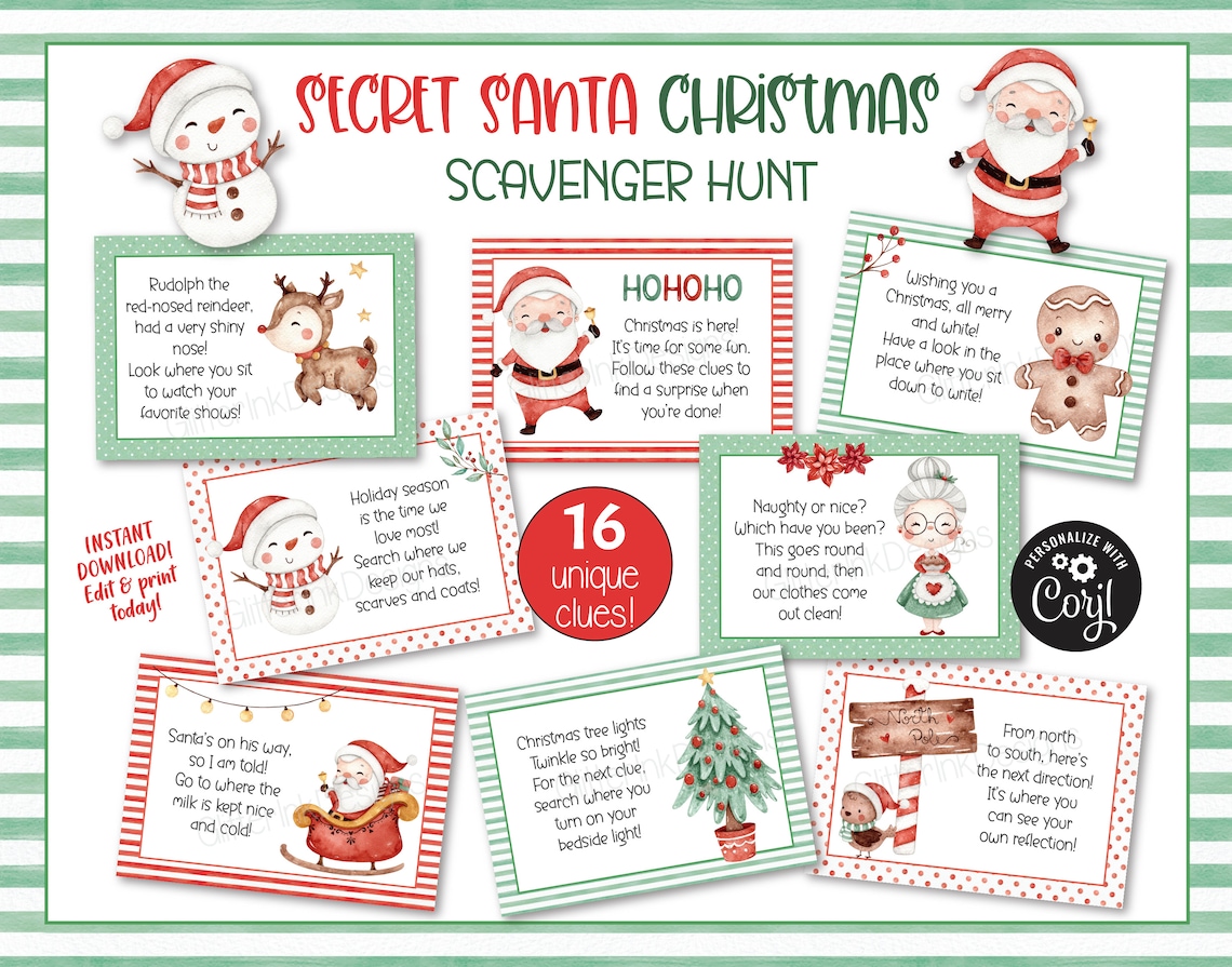 Christmas Scavenger Hunt Clue Cards / Christmas Kids Treasure - Etsy
