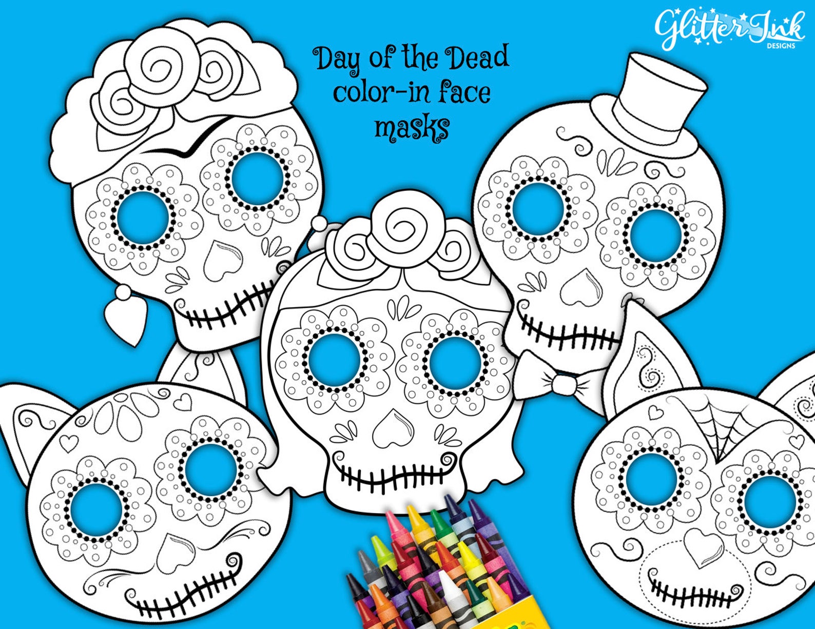 Day of the Dead Sugar Skull Mask Coloring Pages / Dia De Los - Etsy