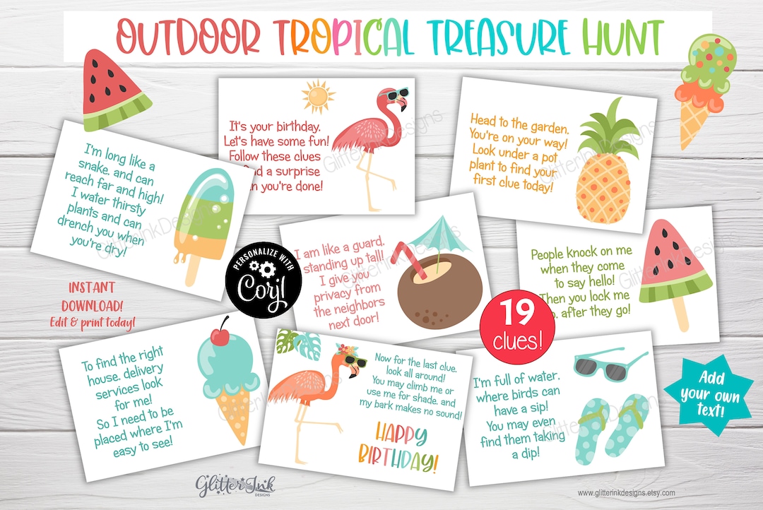 OUTDOOR Tropical Scavenger Hunt Printable Clue Cards, Pineapple ...