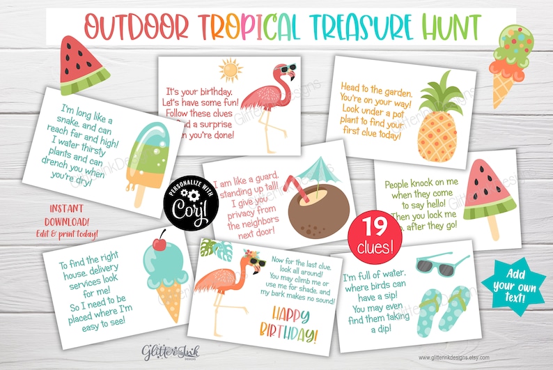 OUTDOOR Tropical Scavenger Hunt Printable Clue Cards, Pineapple ...