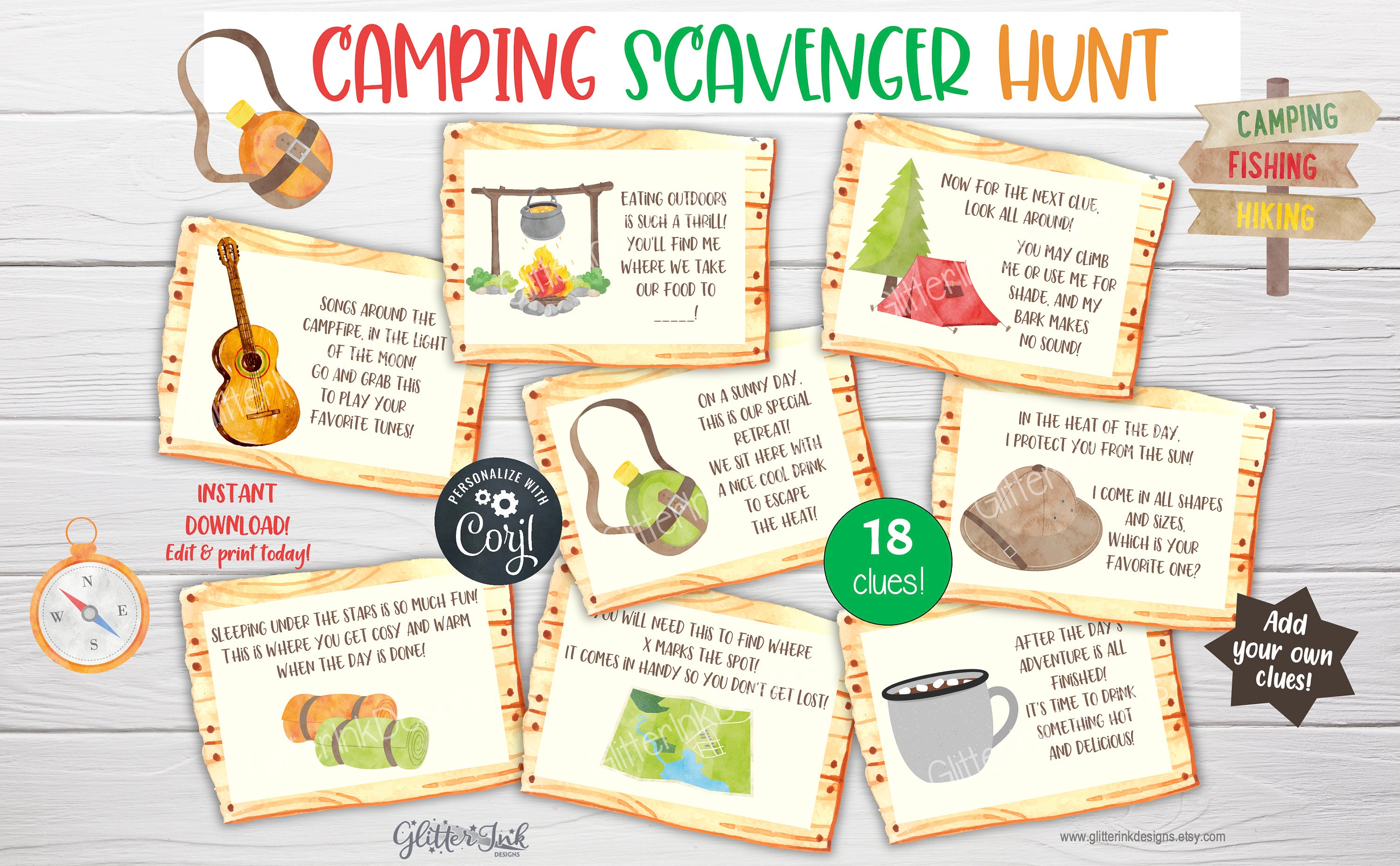 Camping Scavenger Hunt Printable Clue Cards, Campground Outdoor Kids ...