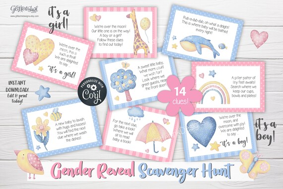 Gender reveal party scavenger hunt clue cards / Gender reveal treasure ...