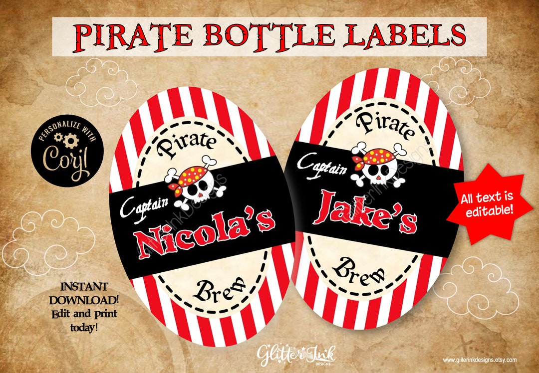 Pirate Party Printable Water Bottle Labels / Pirate Birthday Editable ...