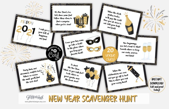 New Years Eve scavenger hunt clue cards / New Year's Eve treasure hunt ...