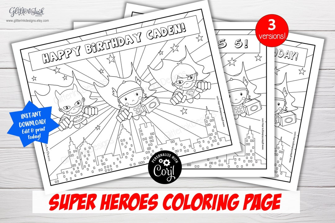 Super Hero Party Personalized Coloring Pages / Flying Super Heroes ...