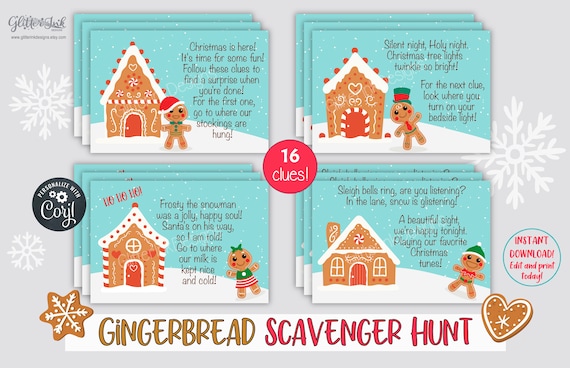 Gingerbread house Christmas scavenger hunt cards / Printable Christmas ...