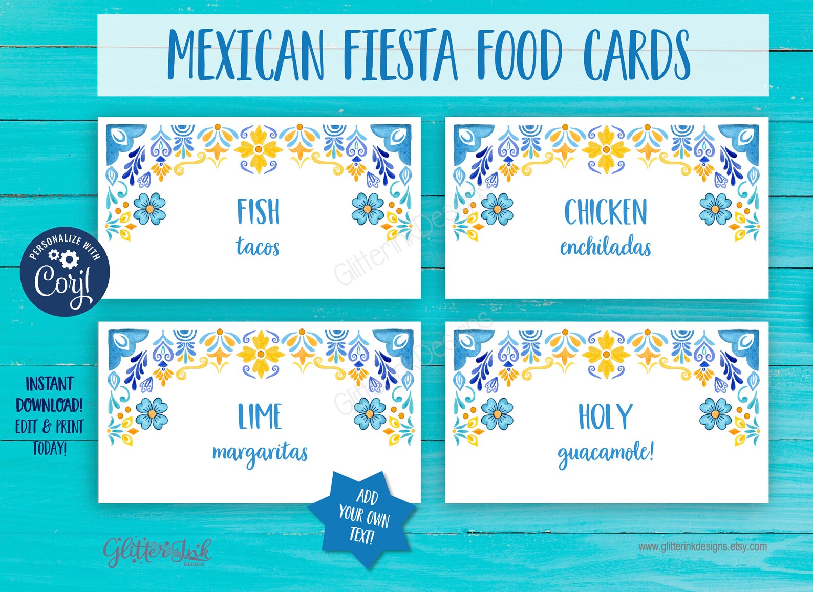 Mexican Fiesta Party Printables Food Tent Cards, Mexican Tile Food ...
