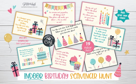 Indoor Birthday scavenger hunt / Kids treasure hunt clues / Birthday ...