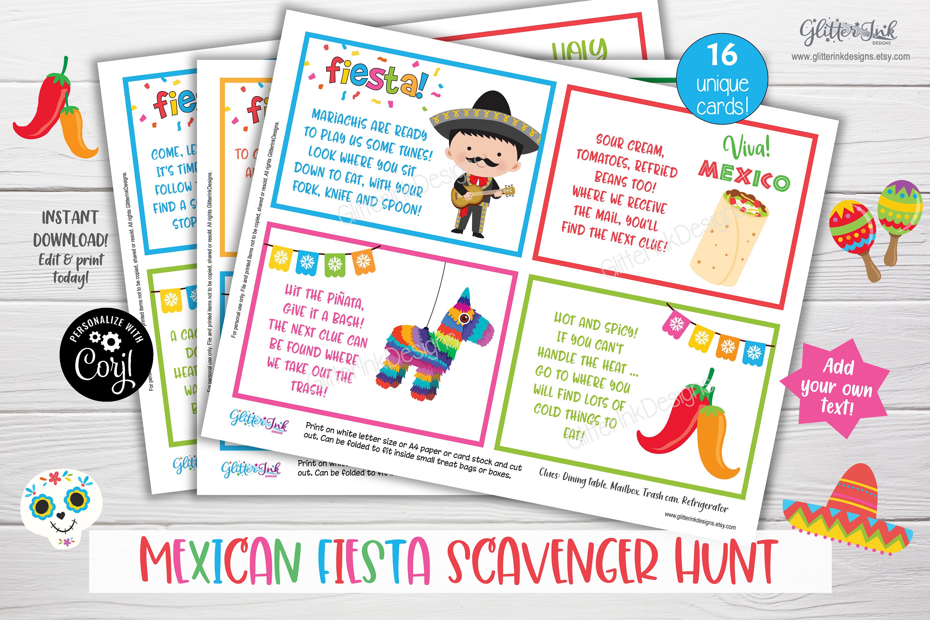 Mexican Birthday Scavenger Hunt Clues for Kids, Fiesta Printables Taco ...