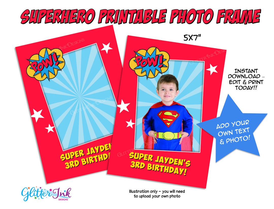 Super Hero Photo Frame Thank You Card Party Favors, Superhero Printable ...